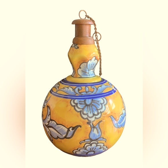 Accents | Table Top Torch Blue Yellow Glazed Ceramic Mexican Bottom ...